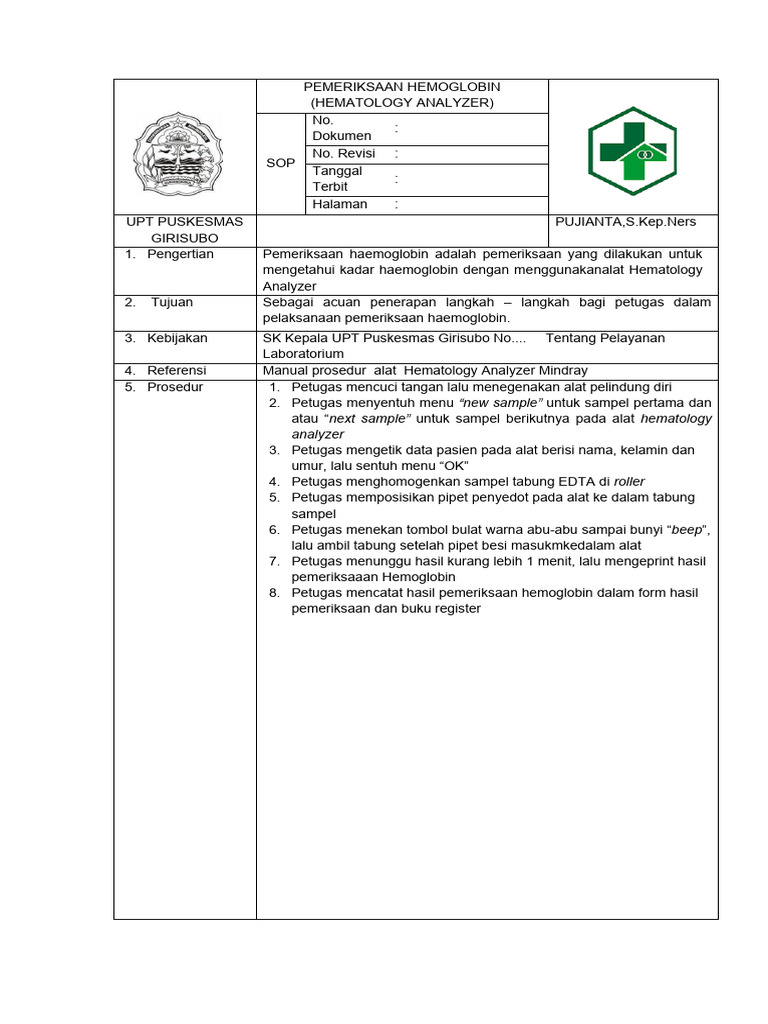 Sop Pemeriksaan HB Hematology Analyzer | PDF