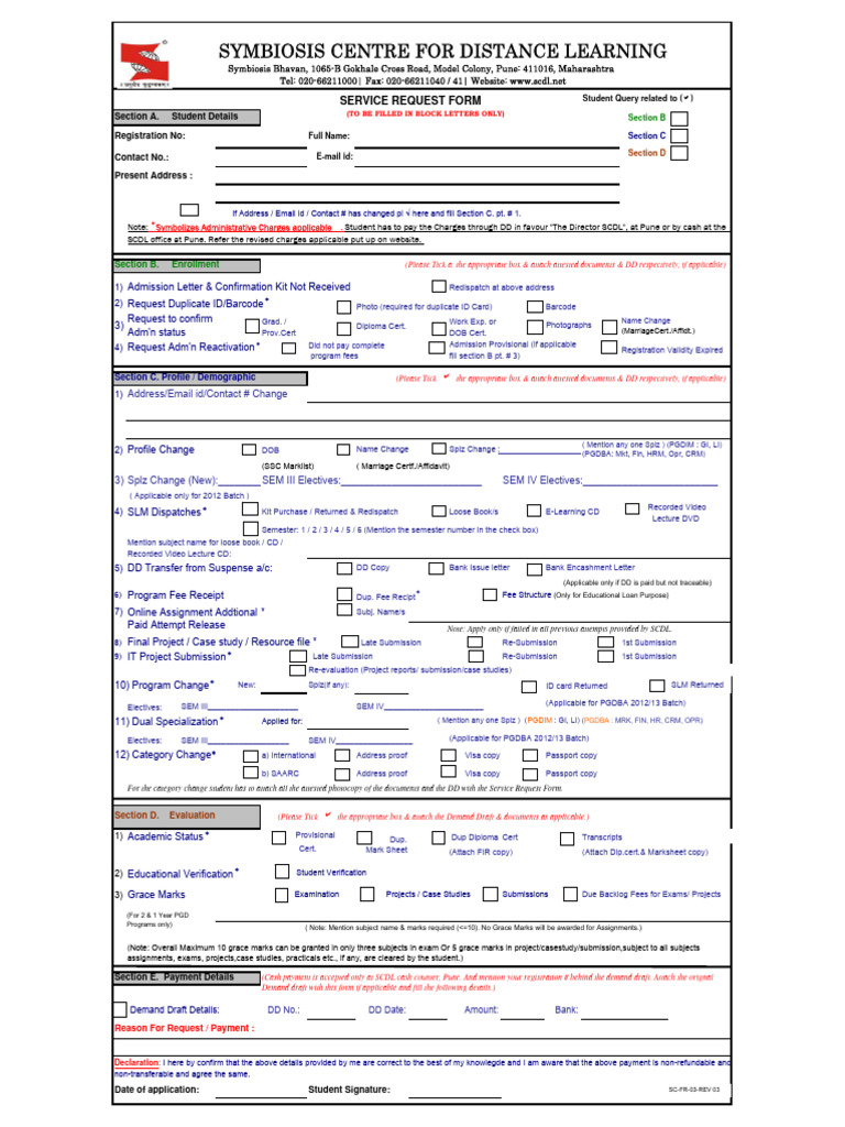 Symbiosis Centre For Distance Learning: Service Request Form | PDF ...