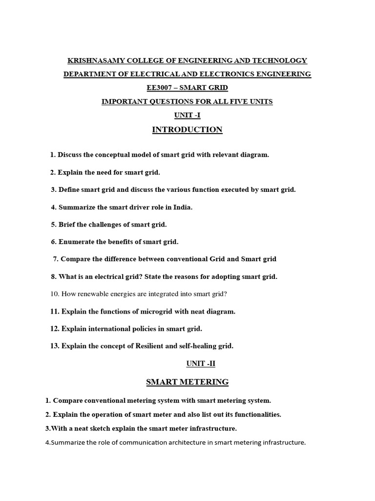 Ee3007 Smart Grid Important Questions | PDF | Smart Grid | Electrical Grid