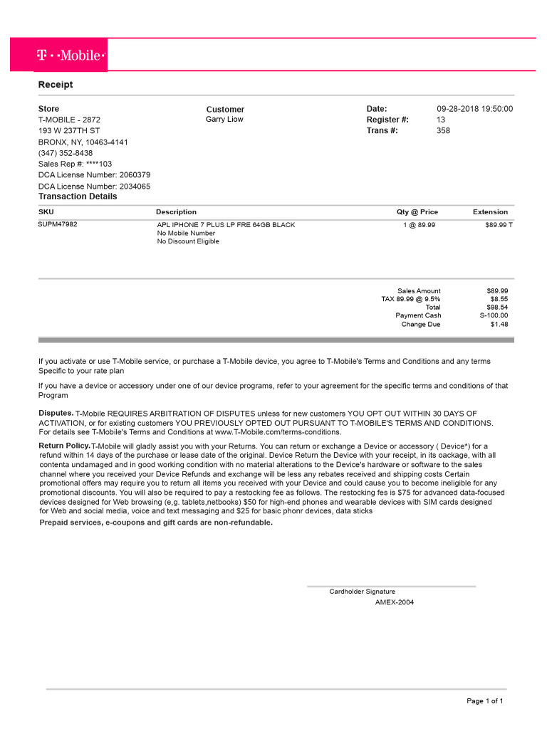 T Mobile 2018 New | PDF | T Mobile Us | Receipt