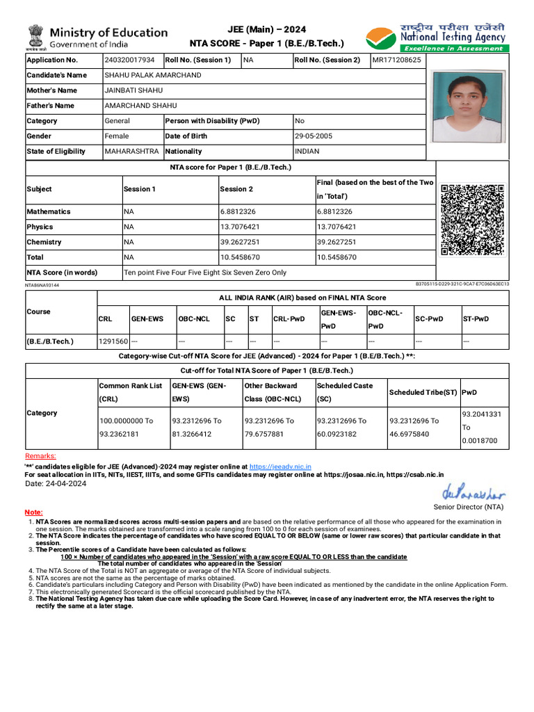 JEE Main 2024 NTA Scorecard | PDF | Qualifications | Tests