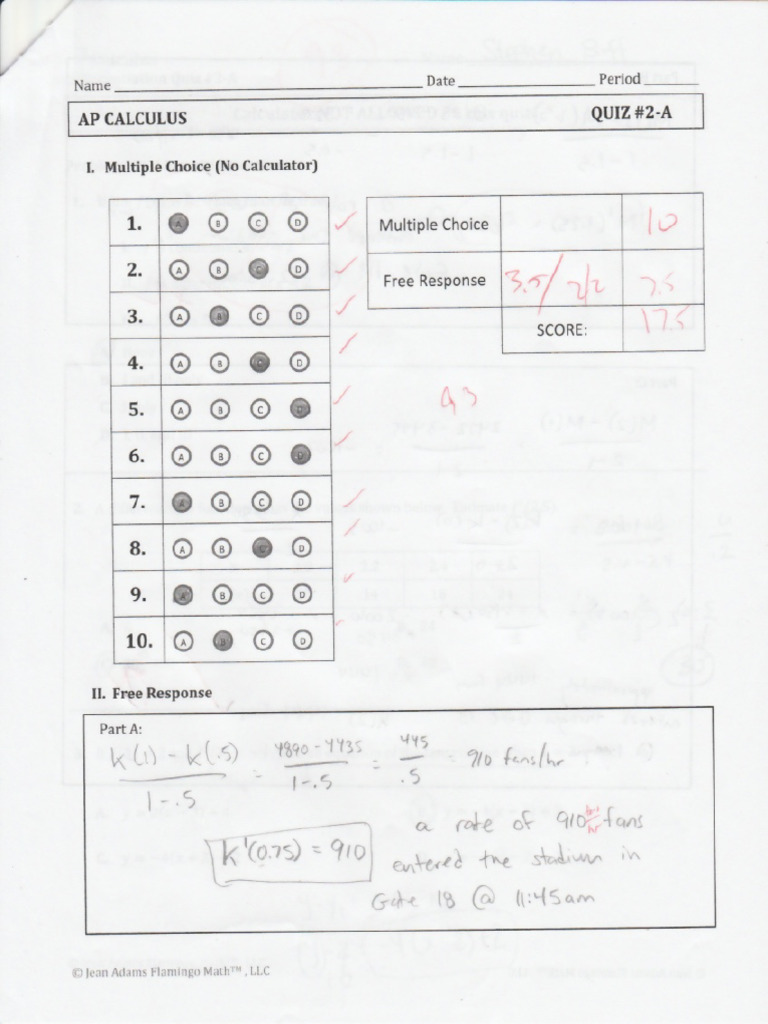 AP Calc - U2 Quiz (Answer Sheet) | PDF