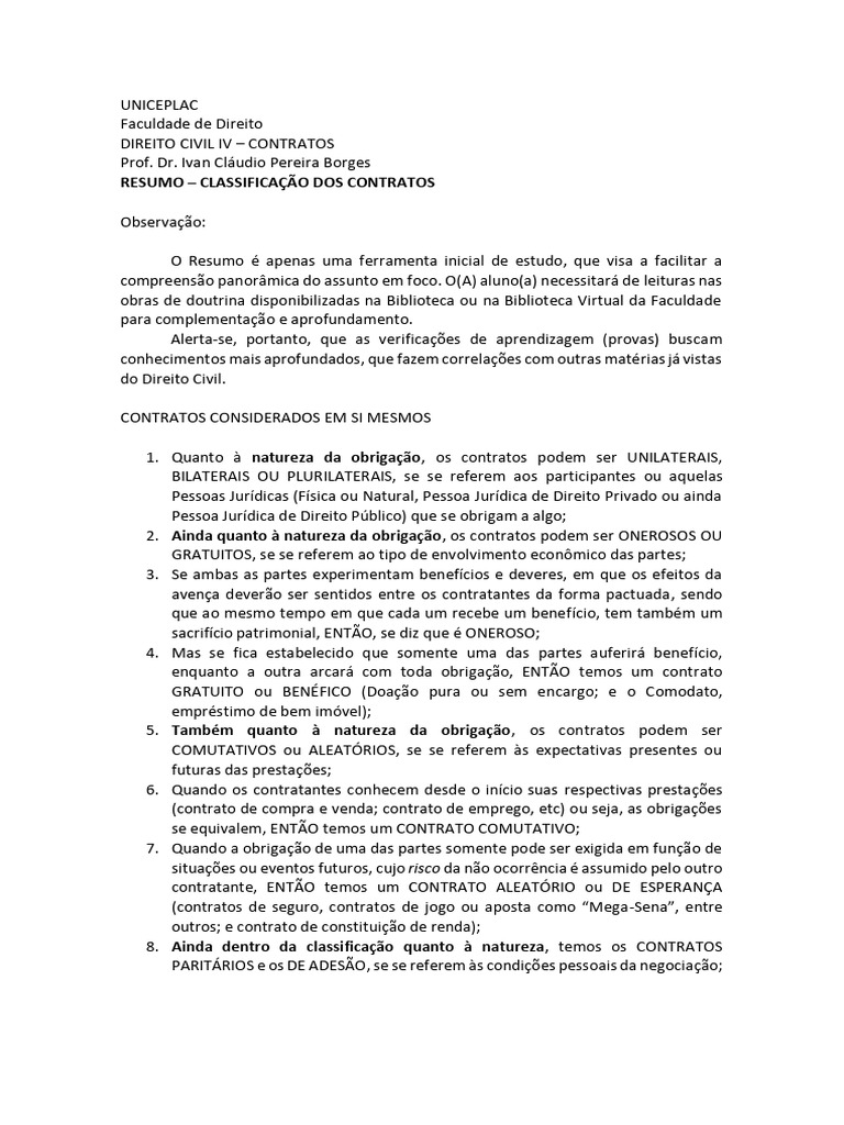 Classificação dos Contratos em Direito Civil | PDF | Direito Privado ...
