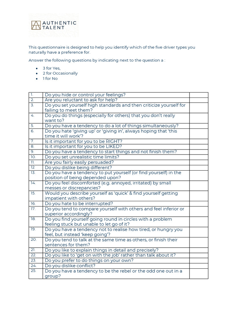 5 Drivers Questionnaire | PDF