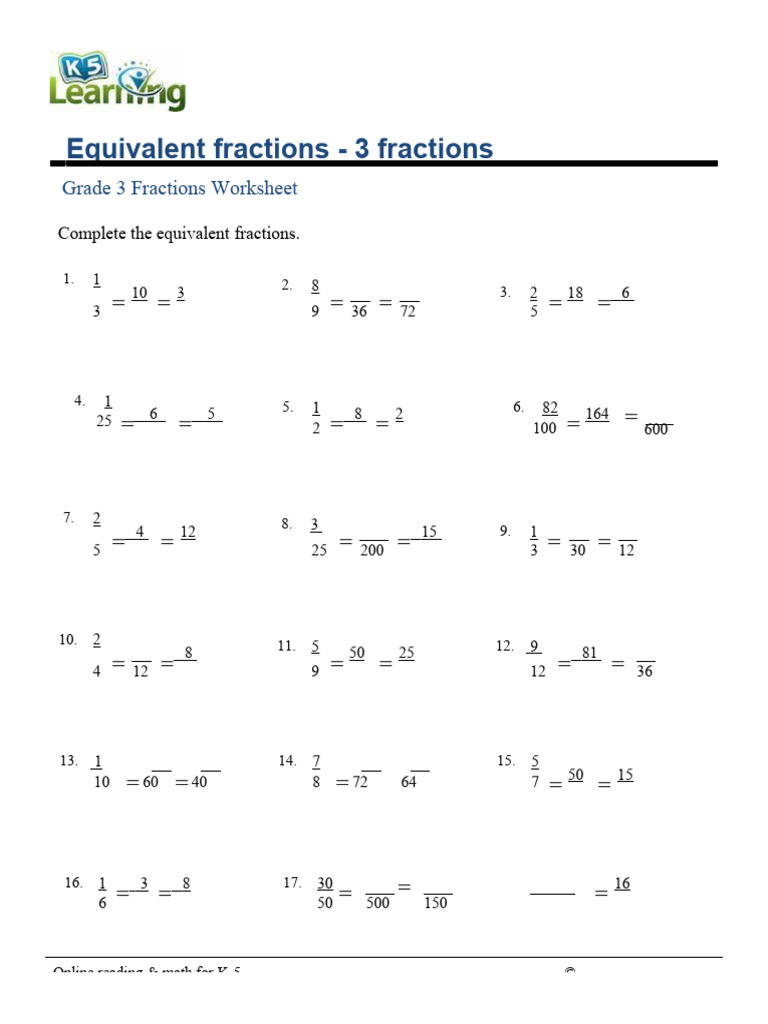 Grade 3 Equivalent Fractions Worksheet | PDF | Teaching Methods & Materials