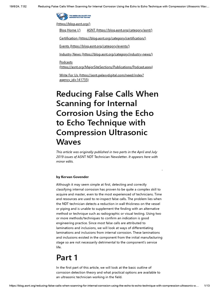 Reducing False Calls When Scanning for Internal Corrosion Using the Echo to Echo Technique with ...