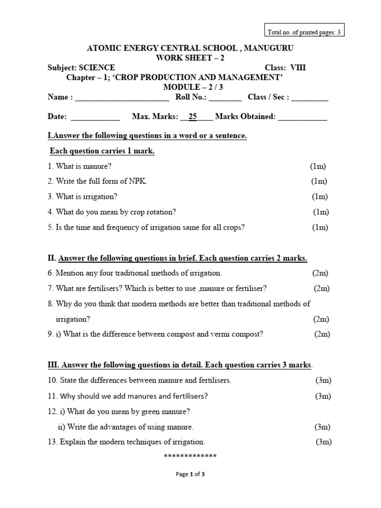 Crop Production and Management Worksheet | PDF | Soil | Botany