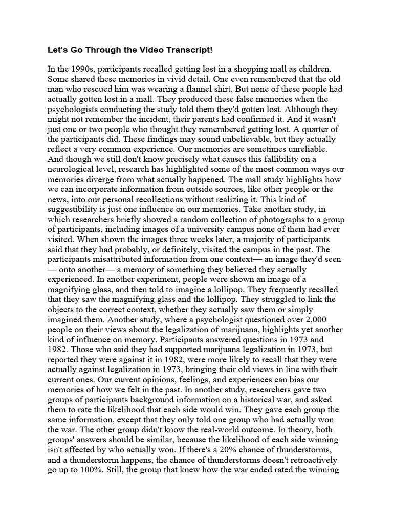 Memory Reliability: Insights from Loftus | PDF | Memory | Behavioural Sciences