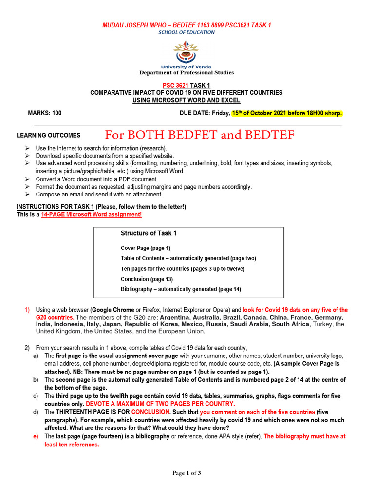 2021 PSC 3621 Task 1 Instructions - Semester 2 of 2021-1 | PDF | Microsoft Word | Computing
