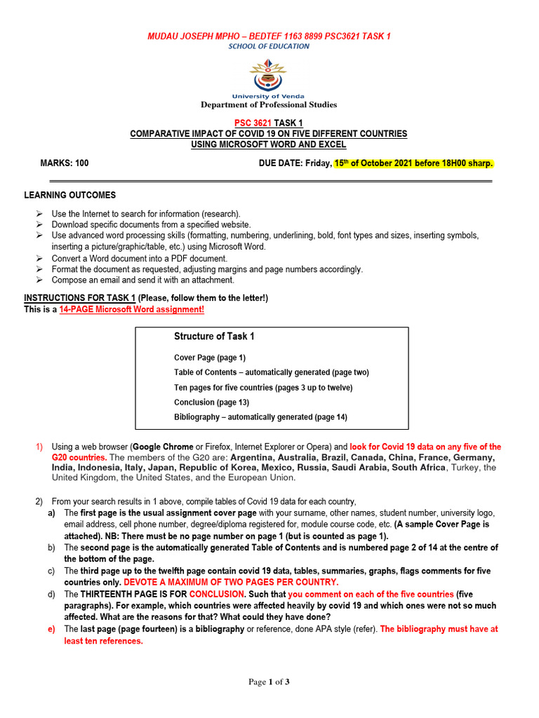 2021 PSC 3621 TASK 1 INSTRUCTIONS - SEMESTER 2 of 2021 | PDF | Microsoft Word | Computing