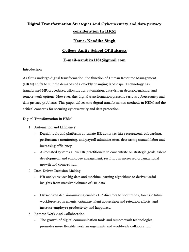 Digital Transformation Strategies and Cybersecurity and Data Privacy Consideration in HRM | PDF ...