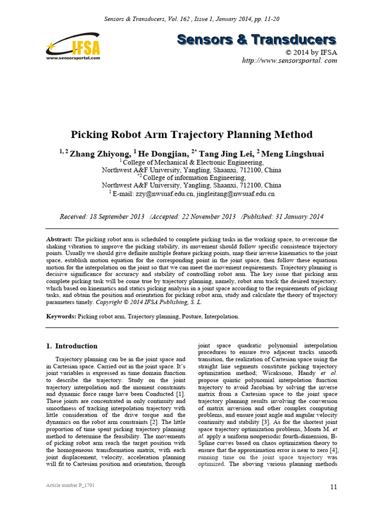 Picking Robot Arm Trajectory Planning Method | PDF | Acceleration ...