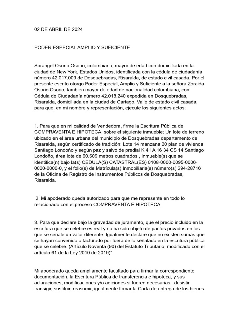 Poder Especial para Compraventa en Colombia | PDF | Documento de identidad