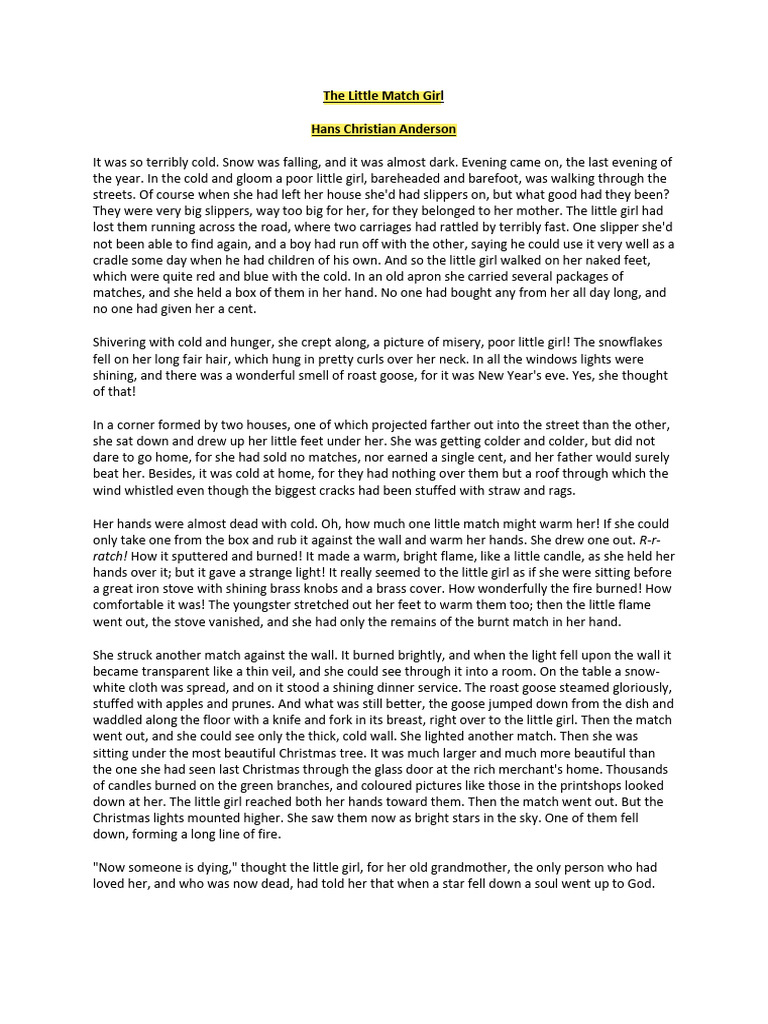 The Little Match Girl Hans Christian Anderson | PDF