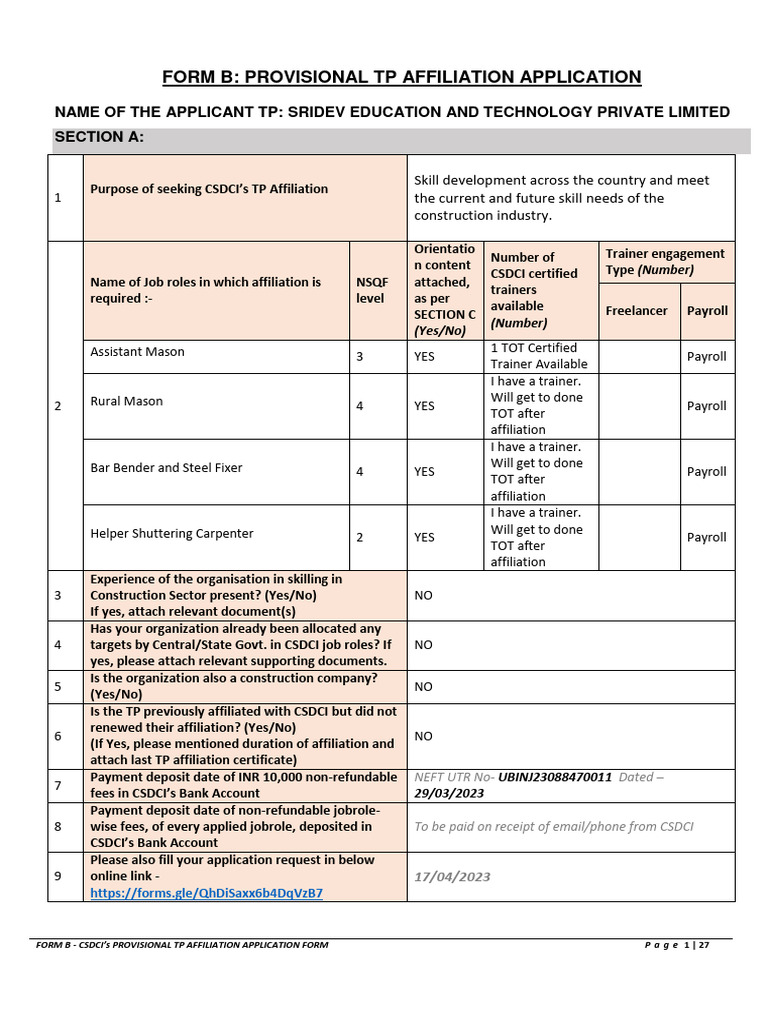 Form B Provisional TP Affiliation Application Form Setpl1 | PDF ...