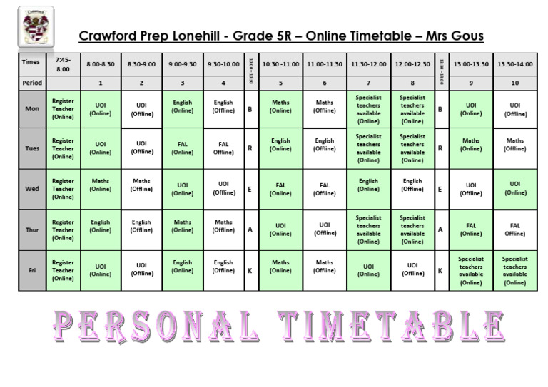 Grade 5R - Online Learning Timetable | PDF