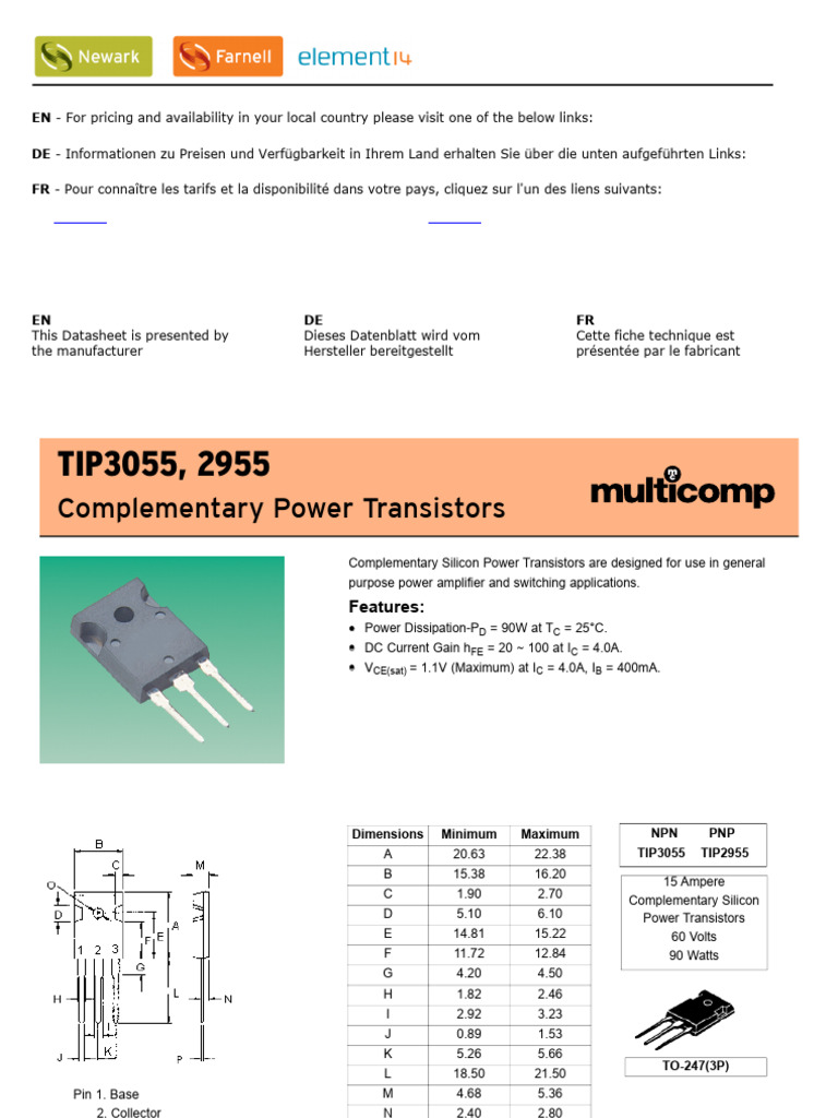 TIP3055 - 2955 Datasheet | PDF | Bipolar Junction Transistor | Electrical Engineering