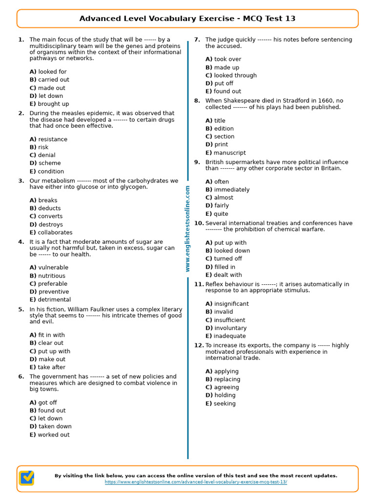 816 - Advanced Level Vocabulary Exercise MCQ Test 13 | PDF | Sugar ...