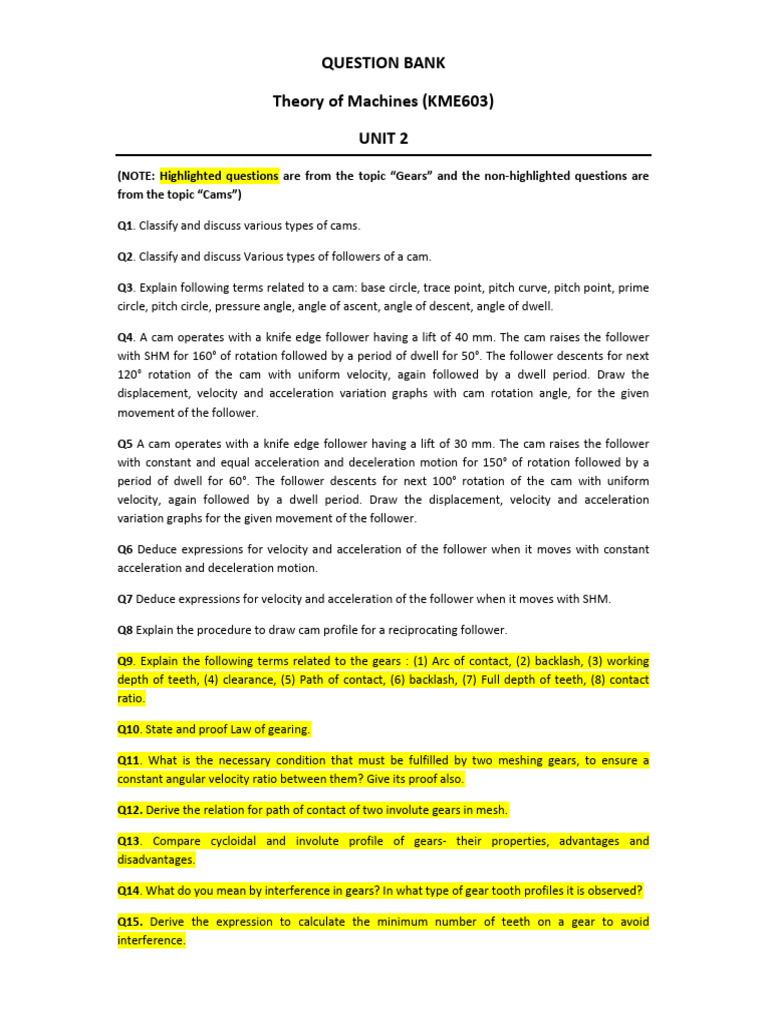 Question bank UNIT 2 (updated) | PDF | Gear | Acceleration
