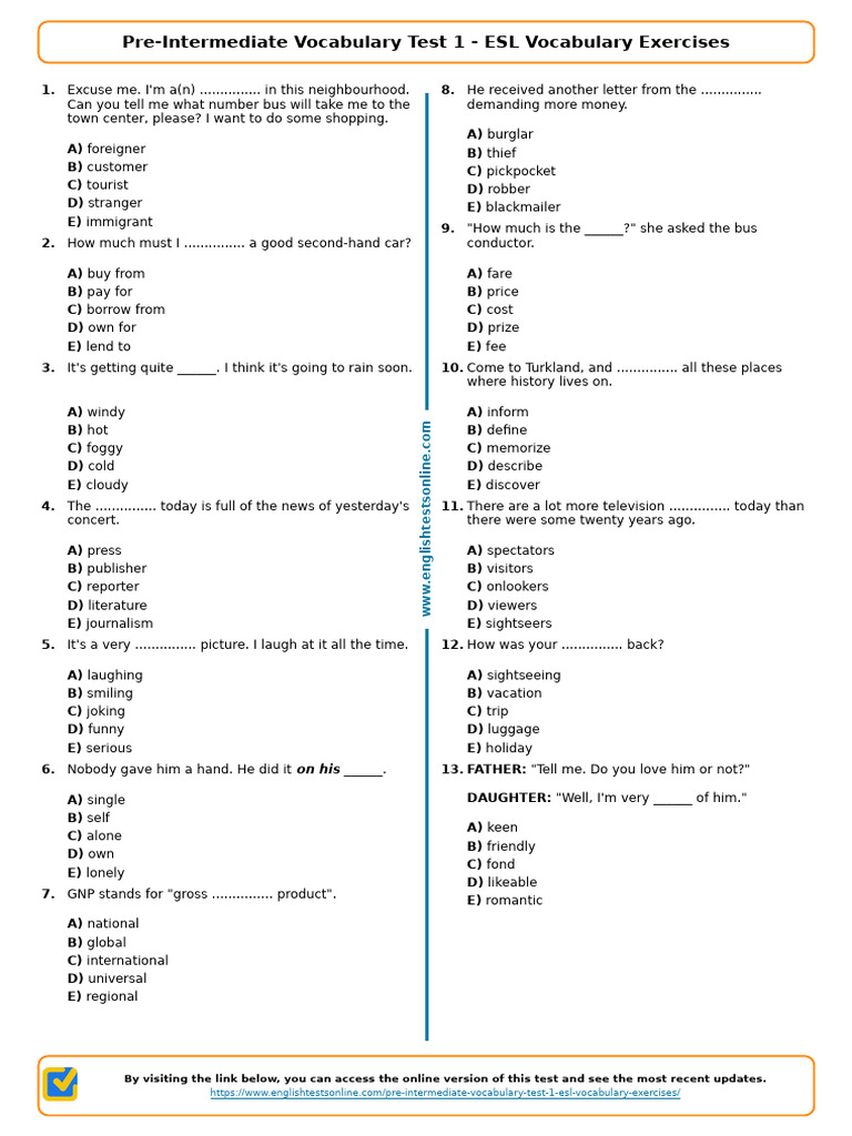 644 - Pre-Intermediate-Vocabulary-Test-1-Esl-Vocabulary-Exercises ...