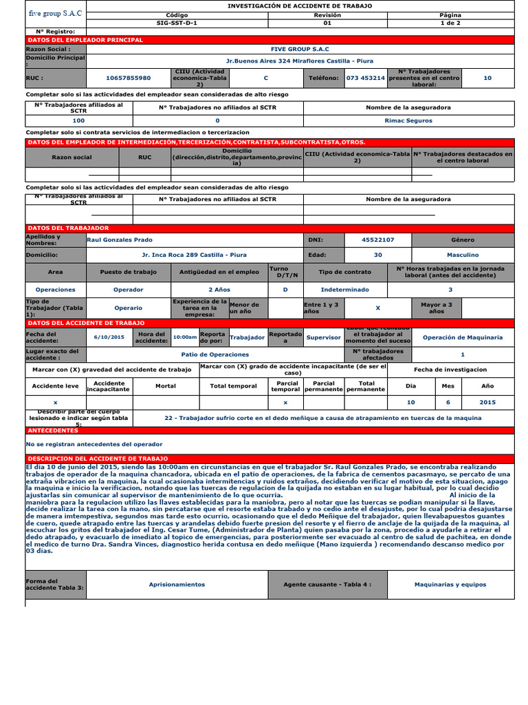 SIG-SST-D-01 Inv Accidente (Diplomado) | PDF | Outsourcing | Alto voltaje
