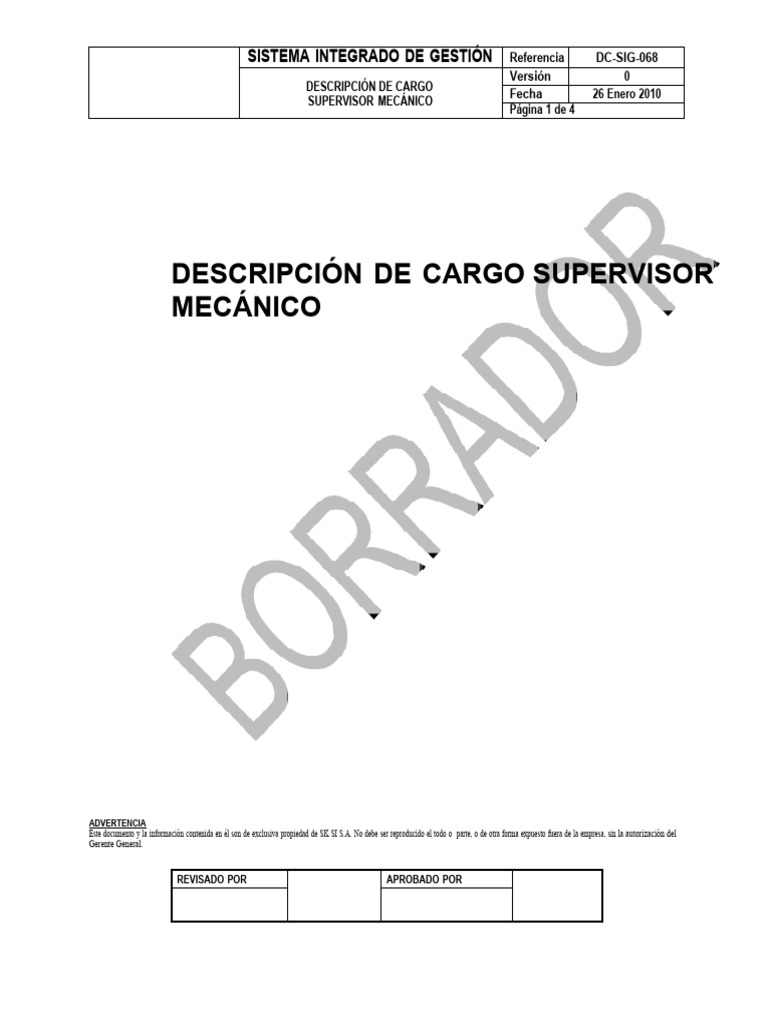 Descriptor Cargo Supervisor Mecanico | PDF | Informática | Business