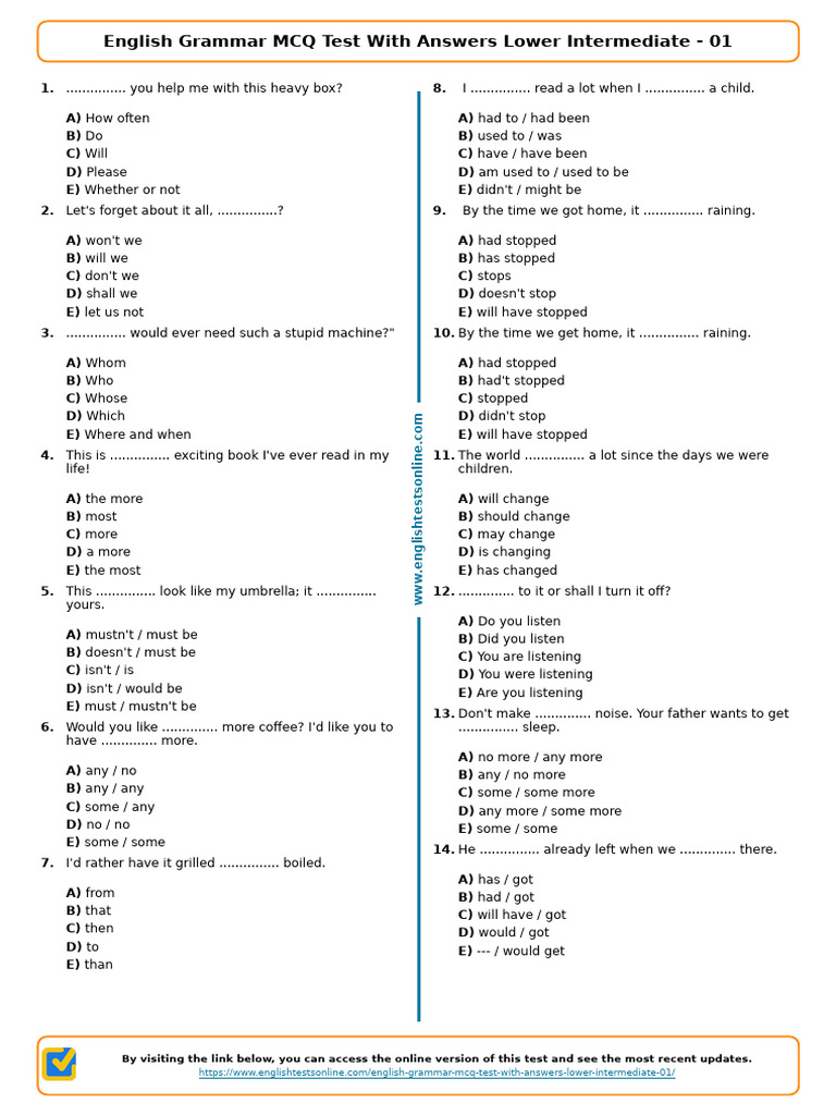 English Grammar MCQ Test - Lower Intermediate | PDF | Multiple Choice