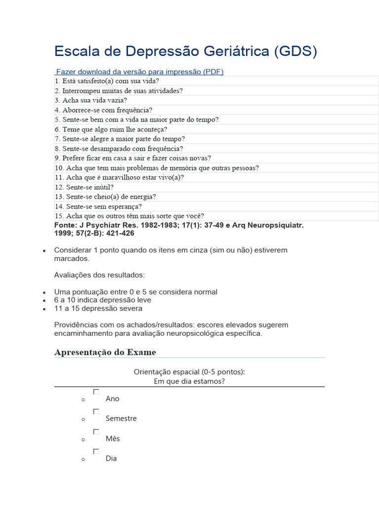 Escala de Depressão Geriátrica | PDF | Depressão