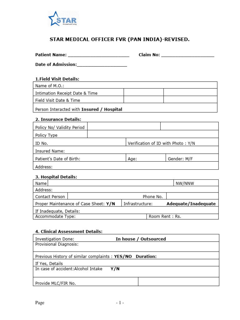 Star Field Visit Report Form | PDF | Patient | Hospital
