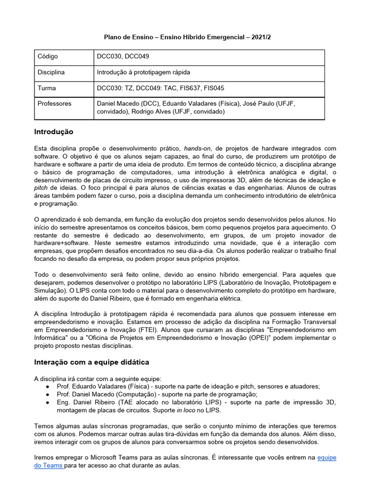 Plano - Prototipagem Rápida 2021.2 | PDF | Impressão 3D | Moodle