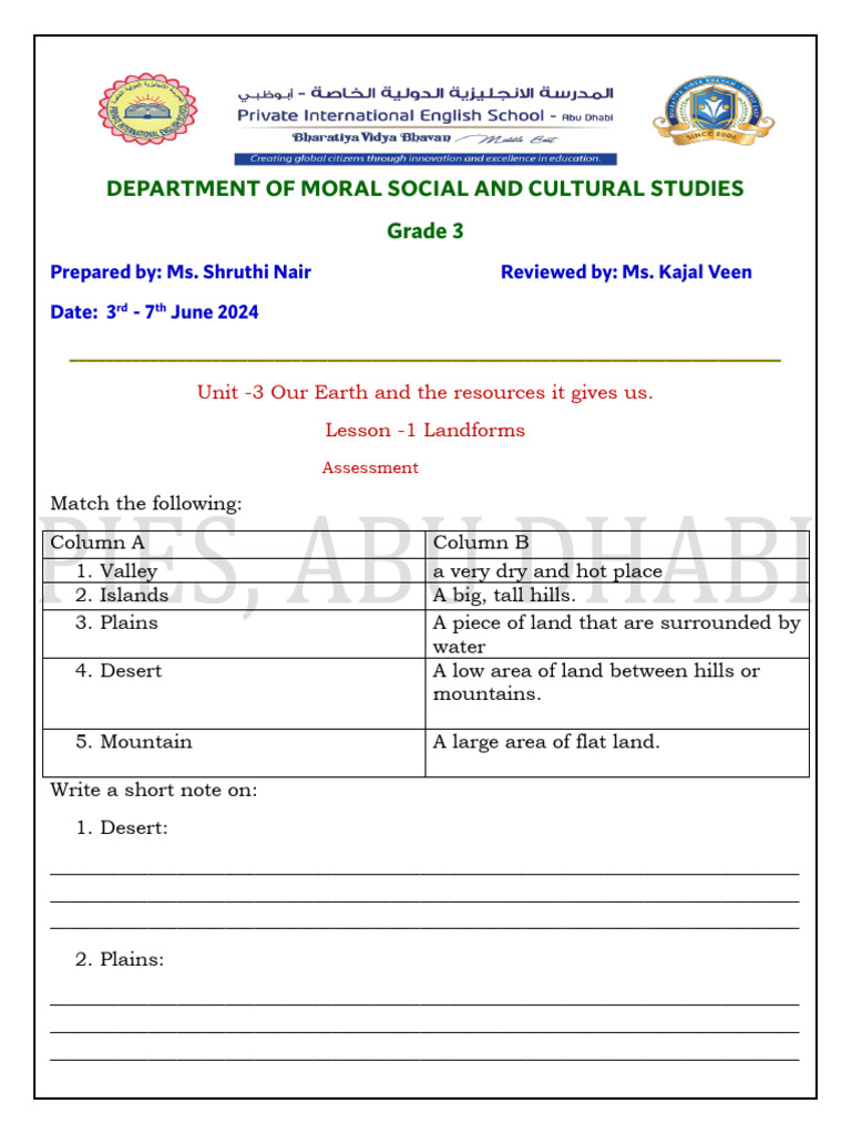 Unit 3 Lesson 1 - Landforms Assessment | PDF
