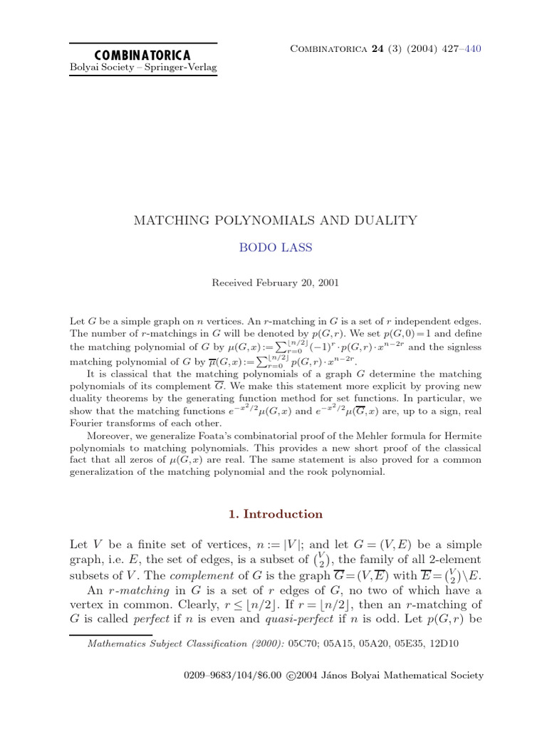 Matching Polynomials and Duality in Graphs | PDF | Function ...