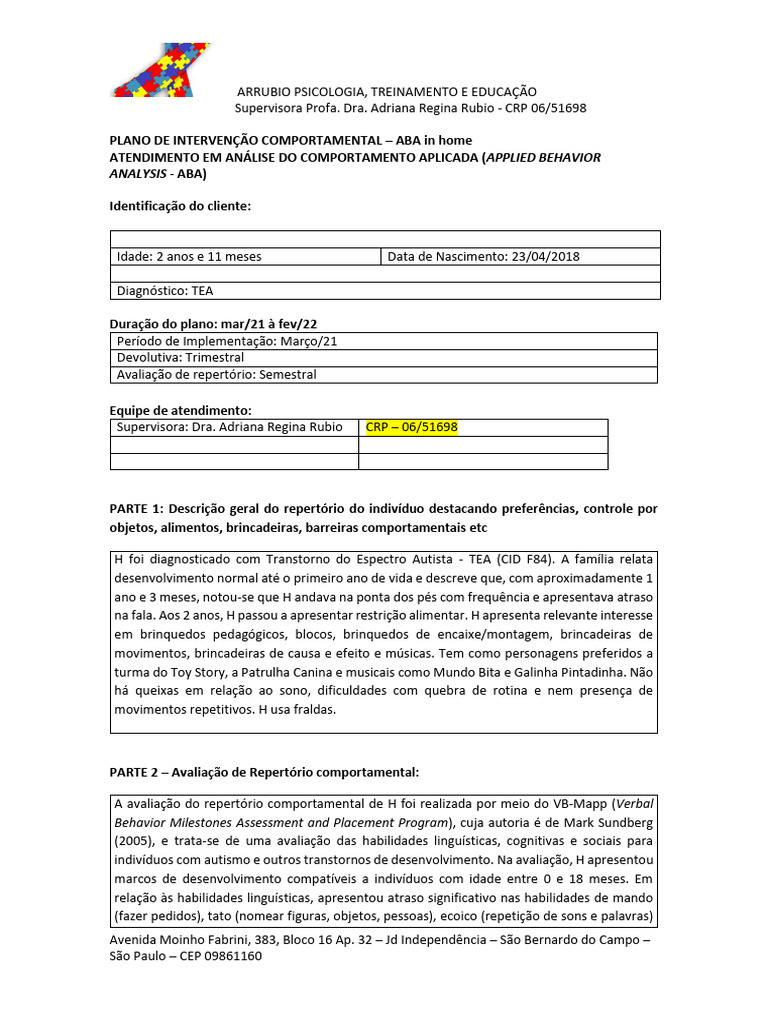 PLANO DE INTERVENÇÃO COMPORTAMENTAL - Modelo | PDF | Espectro do ...