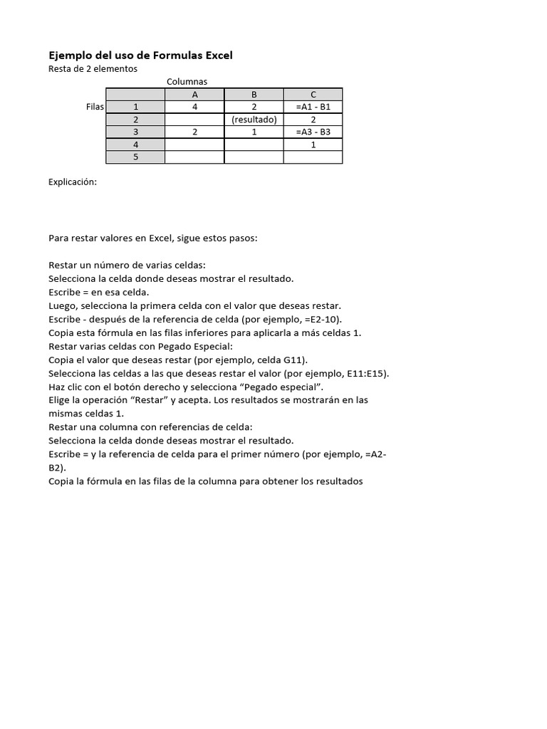Ejemplos de Formulas Excel Resta de 2 Valores | PDF