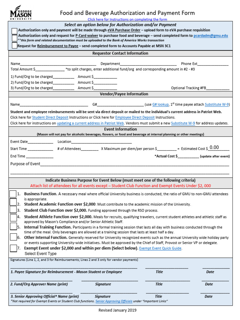 Food and Beverage Payment Authorization Form | PDF | Payments | Per Diem