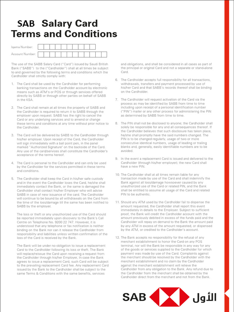 SABB Salary Card Terms & Conditions | PDF | Banks | Personal ...