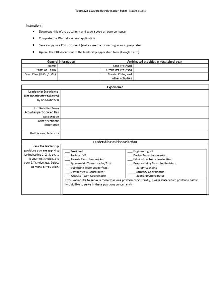 226 Leadership Application For 2024-25 - Template | PDF | Computing