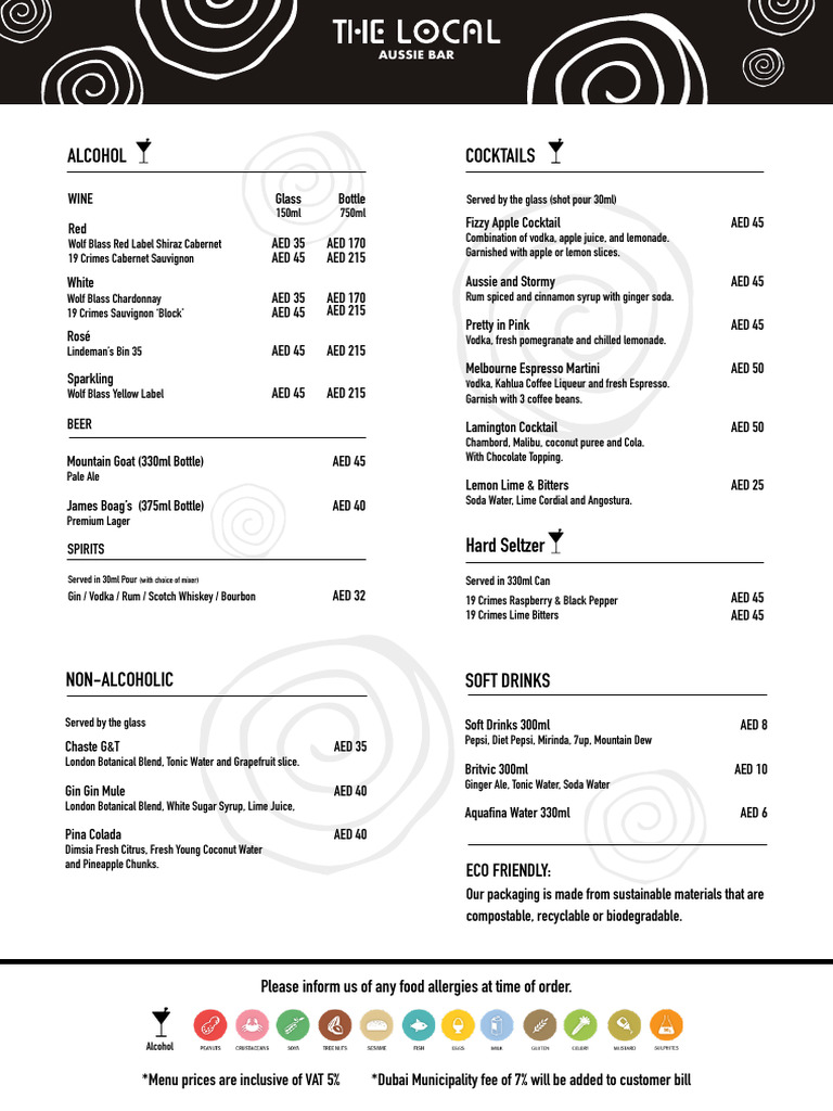 The Local Aussie Bar Menu | PDF | Soft Drink | Drink