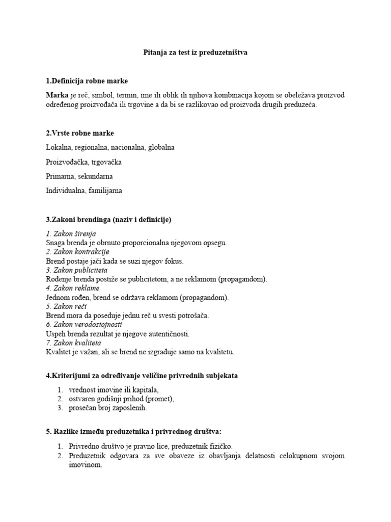 Pitanja Za Test Iz Preduzetniå¡tva II | PDF