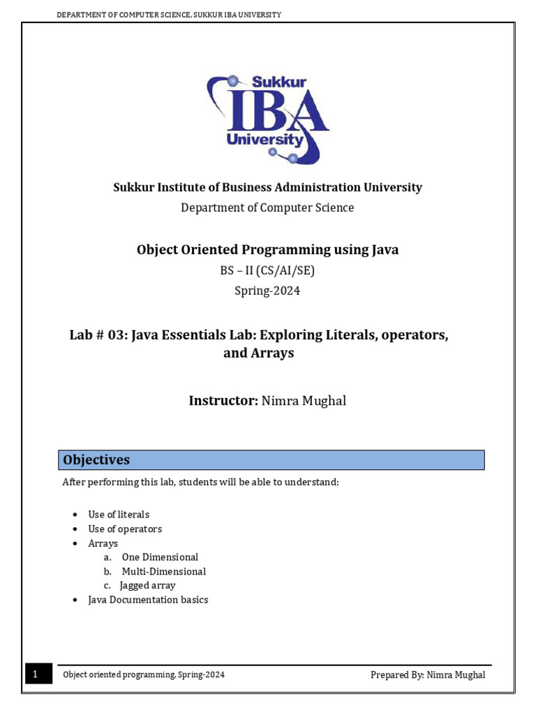 Lab - 03 Literal Operators and Arrays | PDF | Integer (Computer Science) | Boolean Data Type