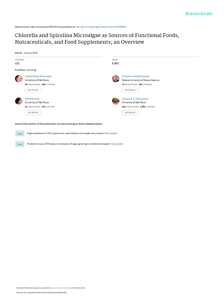 Chlorella and Spirulina Microalgae As Sources of Functional Foods, Nutraceuticals, and Food ...