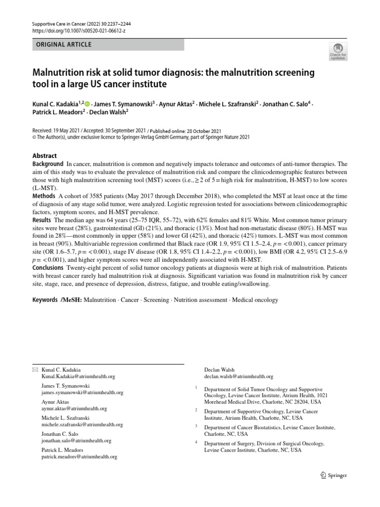 Malnutrition Risk at Solid Tumor Diagnosis: The Malnutrition Screening Tool in A Large US Cancer ...