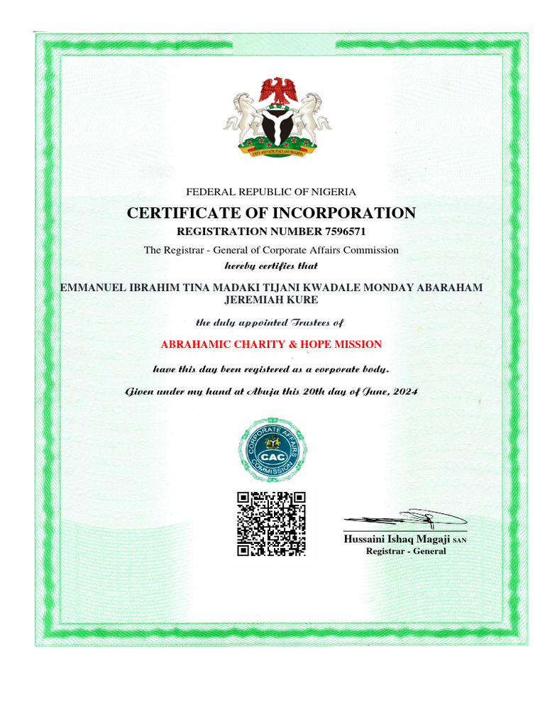 Certificate - Abrahamic Charity & Hope Mission | PDF