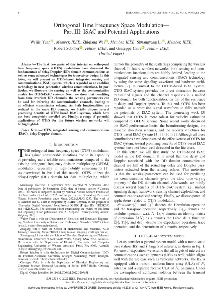 P3 Orthogonal Time Frequency Space Modulationpart Iii Isac And