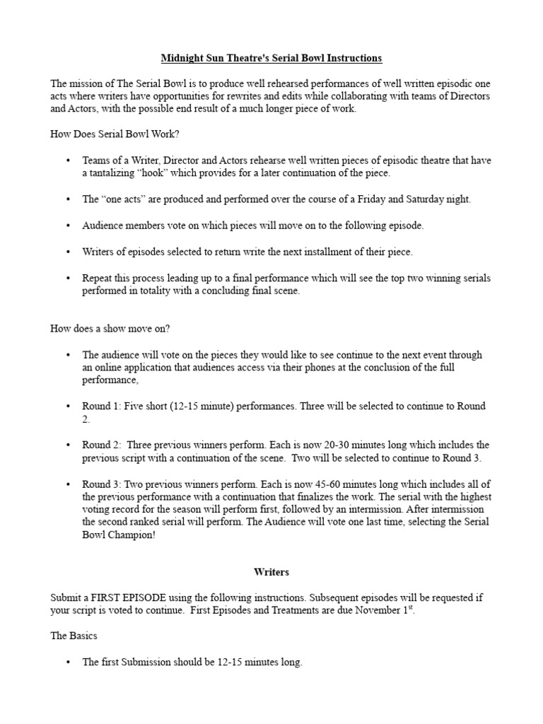 Serial Bowl Theatre Guidelines | PDF | Screenplay