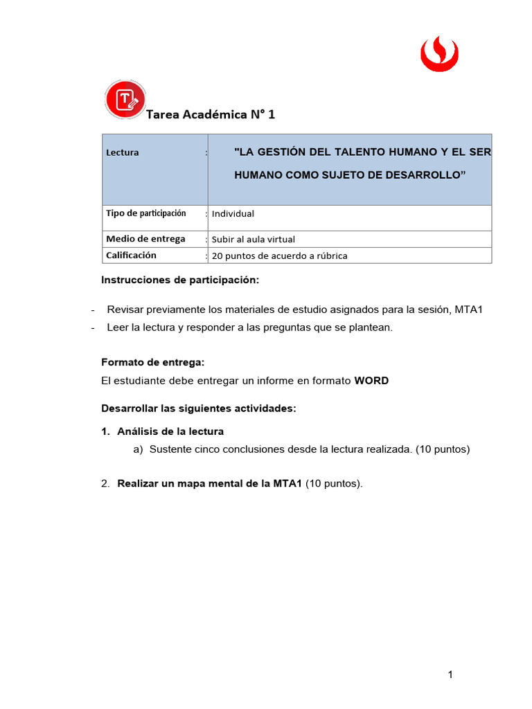 Ficha de Actividad Ta 1- Gth | Descargar gratis PDF | Cognición | Ciencia cognitiva
