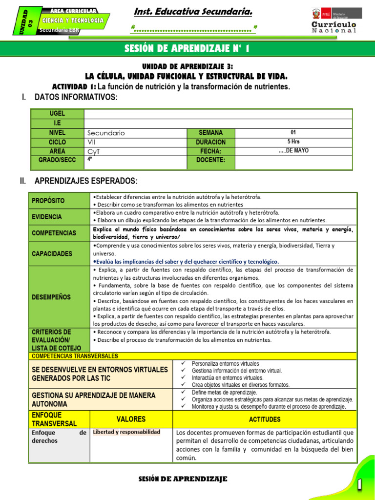 A-4º Ses Act 1-Cyt-Und 3 | PDF | Nutrición | Dieta y nutrición