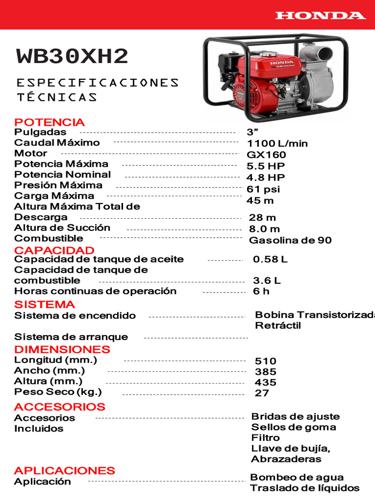 Ficha Tecnica Motobomba Honda - Brochure-Wb30xh2 | PDF