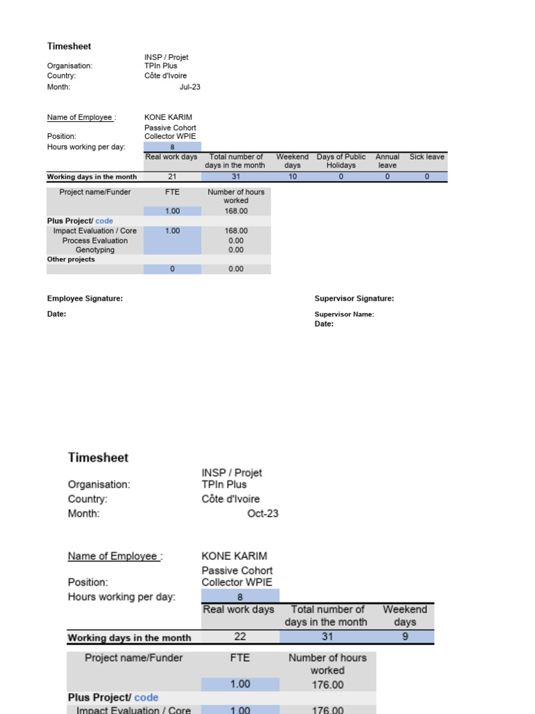 Timesheets Octobre Novembre 2023 | PDF | Business | Change Management