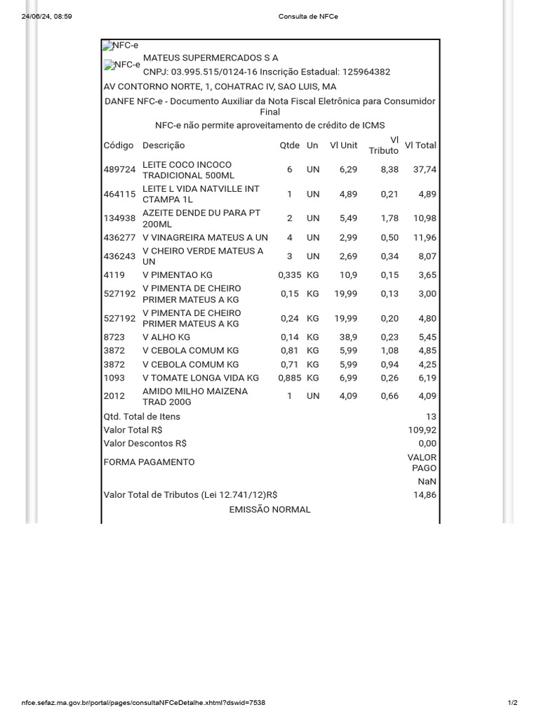 Nfe 2 Compra Arroz de Cuxa Festa Junina 109.92 | PDF